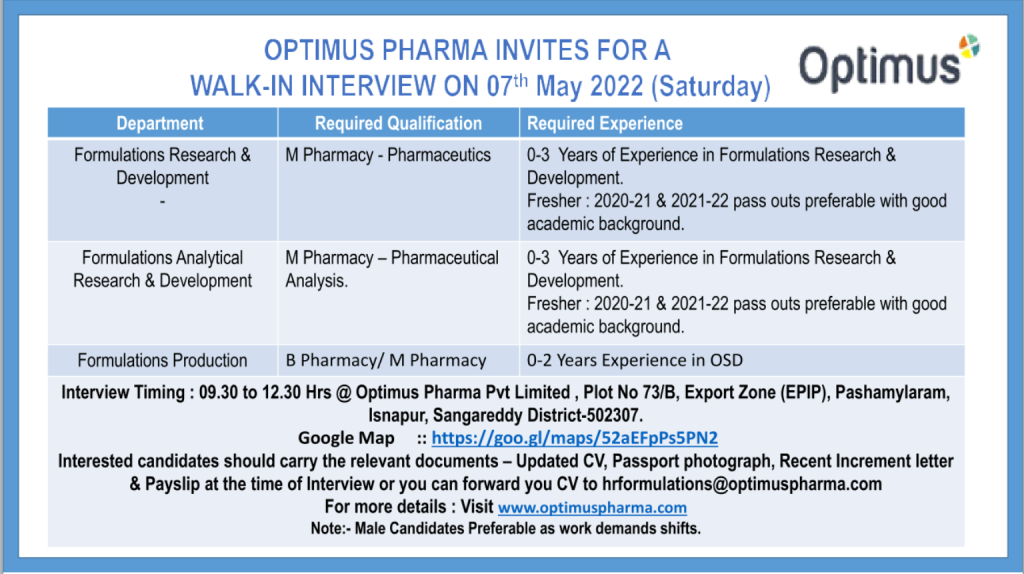 Optimus Pharma Walk In For Freshers & Experienced Candidates - Pharma Page